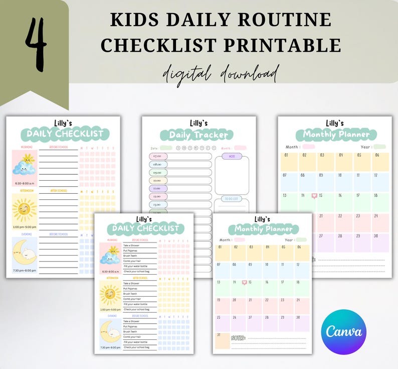 Kids Daily Routine Checklist Printable for Ages 3–8, Morning Evening ...
