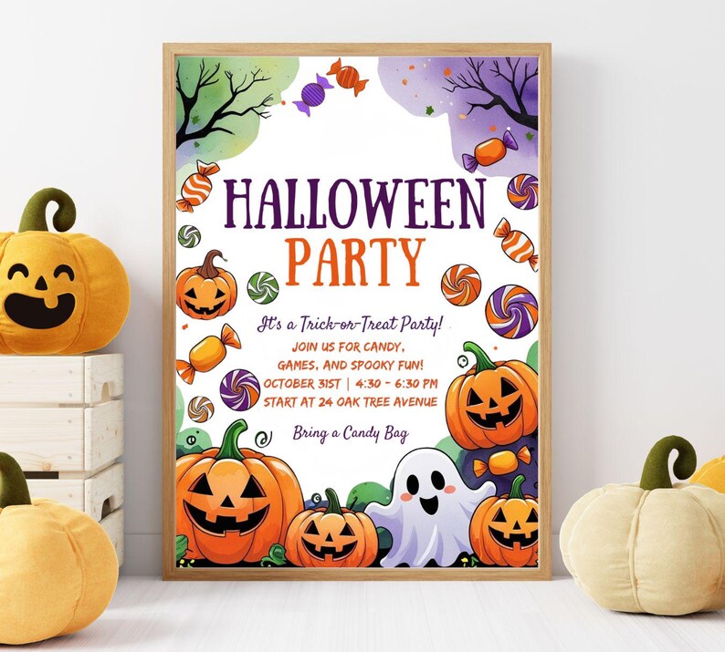 Halloween Trick or Treat Party Invitation, Editable Template (digital ...