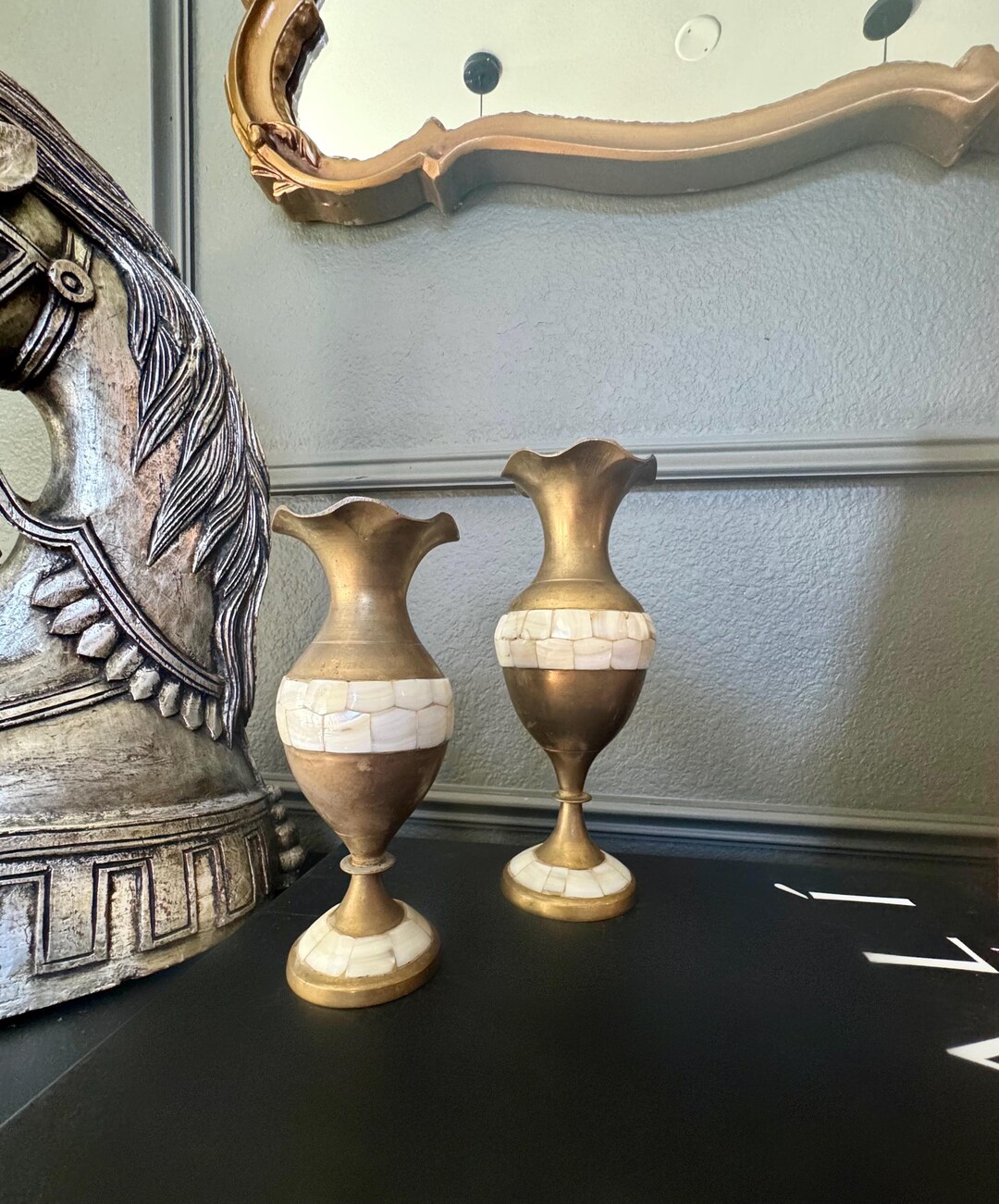 Vintage Brass & Mother of Pearl Inlay Vases – Set of 2 | Mid-century ...