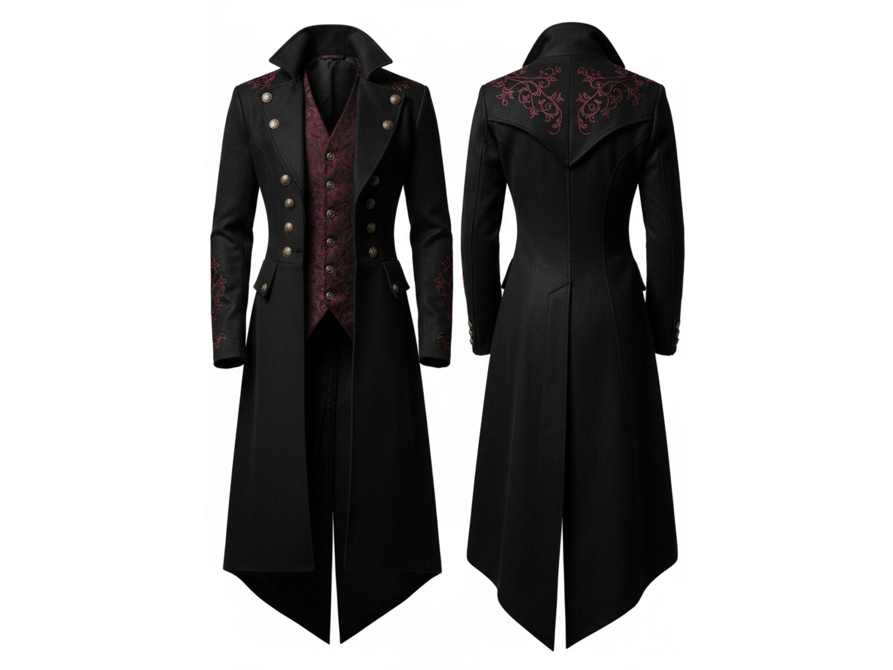 Victorian Gothic Vampire Coat | Red & Black Embroidered Steampunk ...