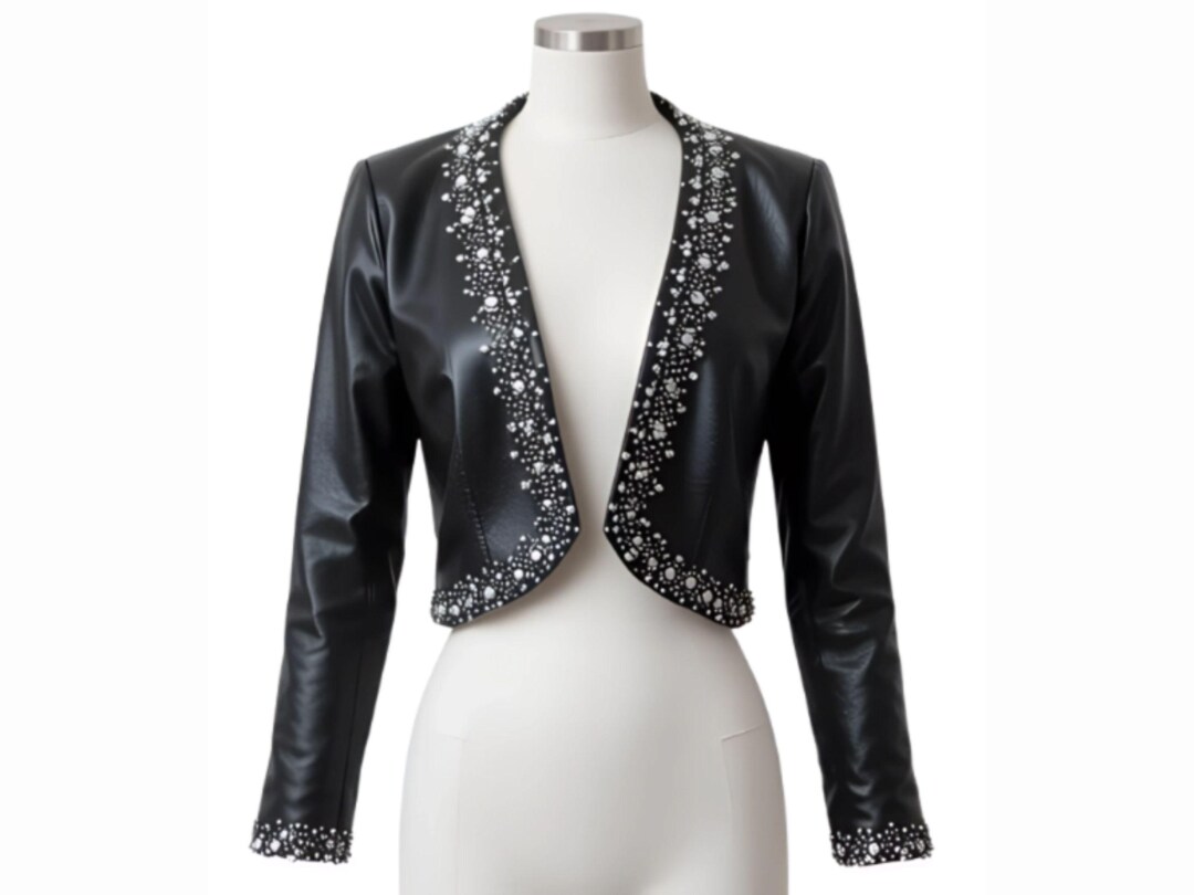 Women’s Black Leather Bolero Jacket | Rhinestone Embellished Short Coat ...