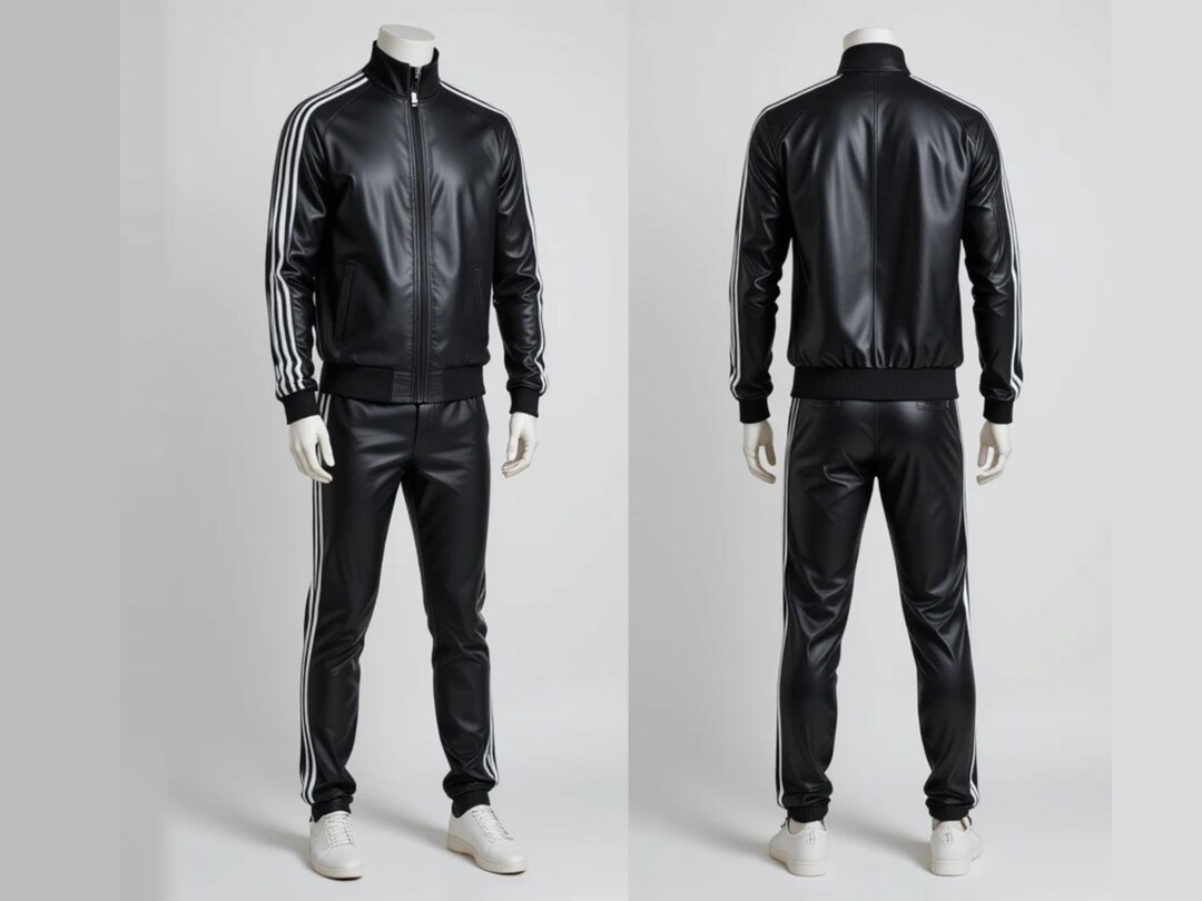 Men’s Black Leather Tracksuit With White Stripes – Handmade Faux ...