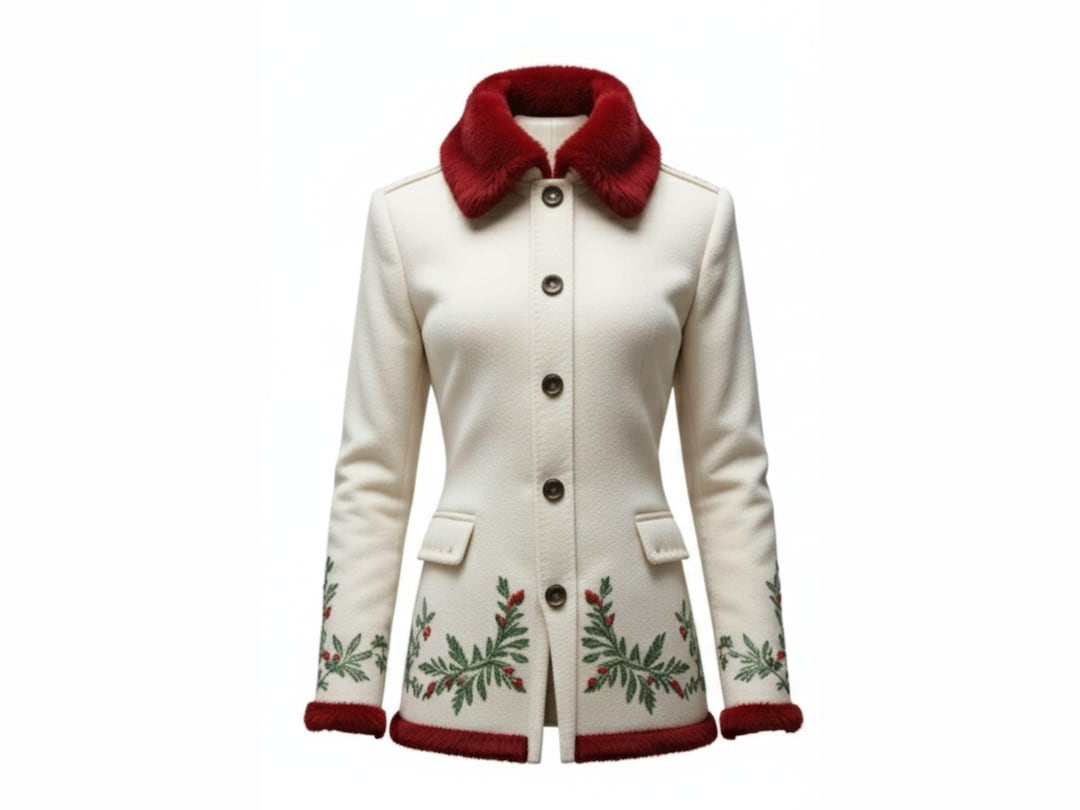Women’s Wool Christmas Coat With Faux Fur Collar | Embroidered Holiday ...