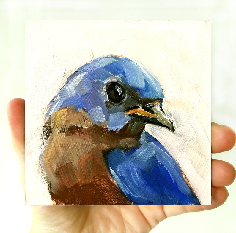 Original Bluebird Oil Painting – Whimsical Bird Art, Small Nature Wall ...