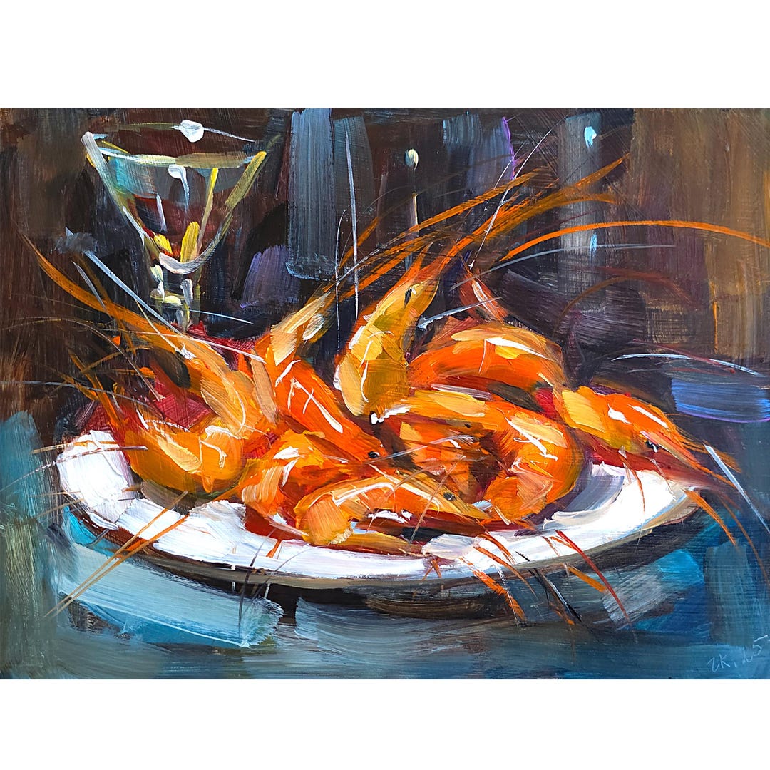 Shrimp Oil Painting Original: Seafood Still Life, Rustic Kitchen Art ...
