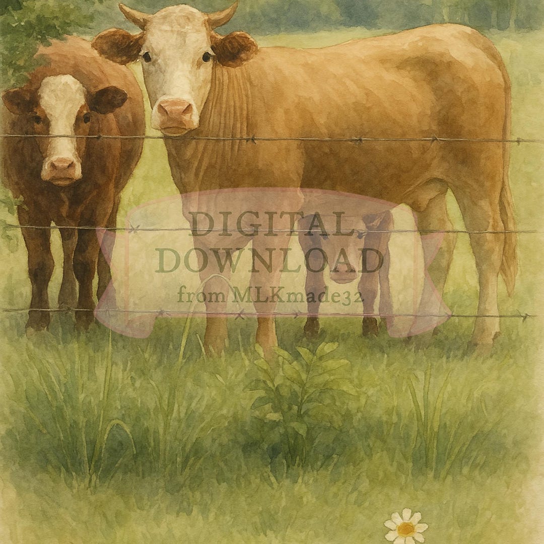 Vintage "nosey Cows" Art Print - Cottagecore Watercolor Digital ...