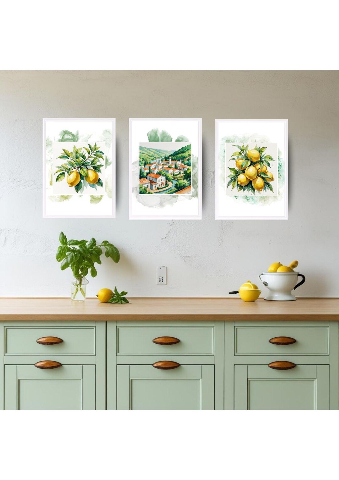 Italian Lemon & Village Art Print Set: Tuscan Kitchen Decor (digital ...