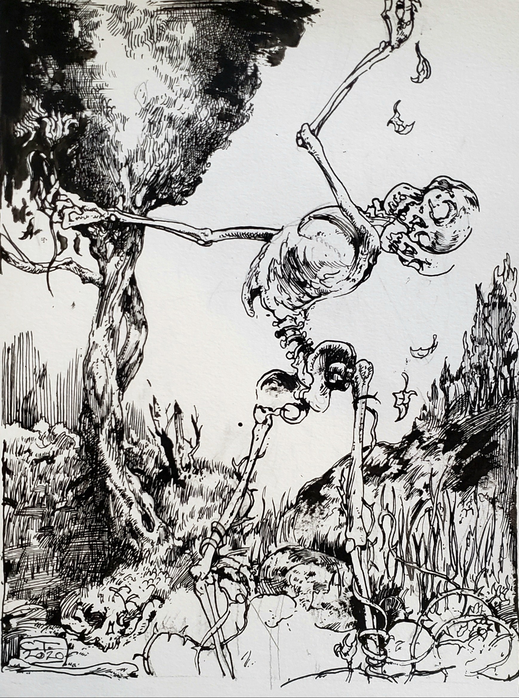 Original Pen and Ink Dancing Skeleton - Etsy