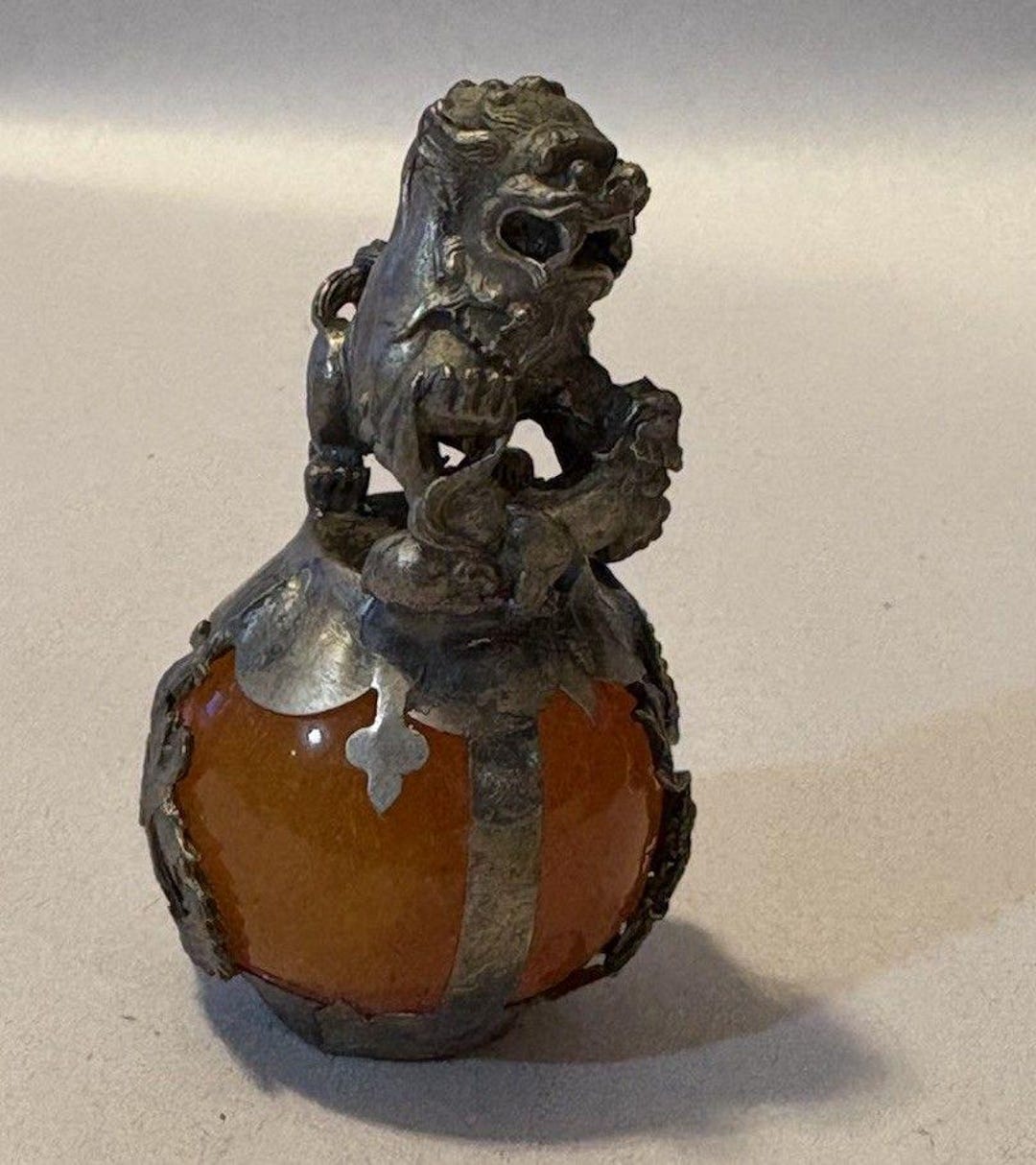 Vintage Chinese Mini Clad Silver FOO DOG DRAGON Sculpture Figurine ...