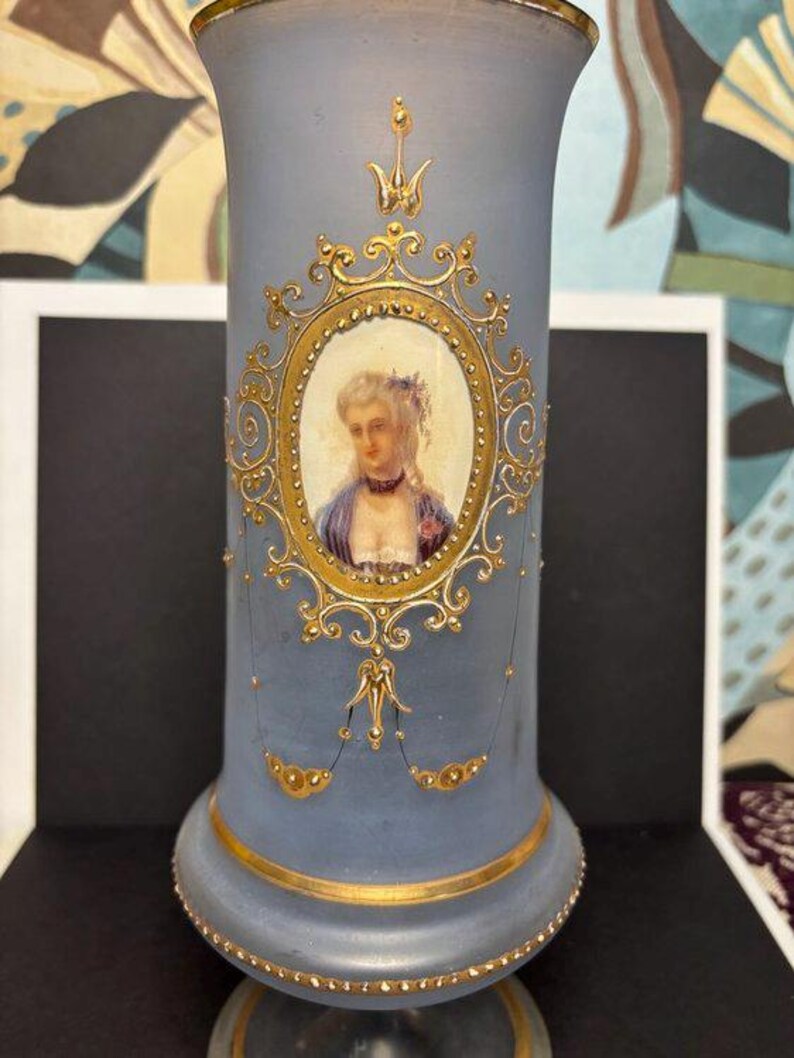 Antique Victorian Era Opaline Glass Vase With Gilded Decoration and a ...