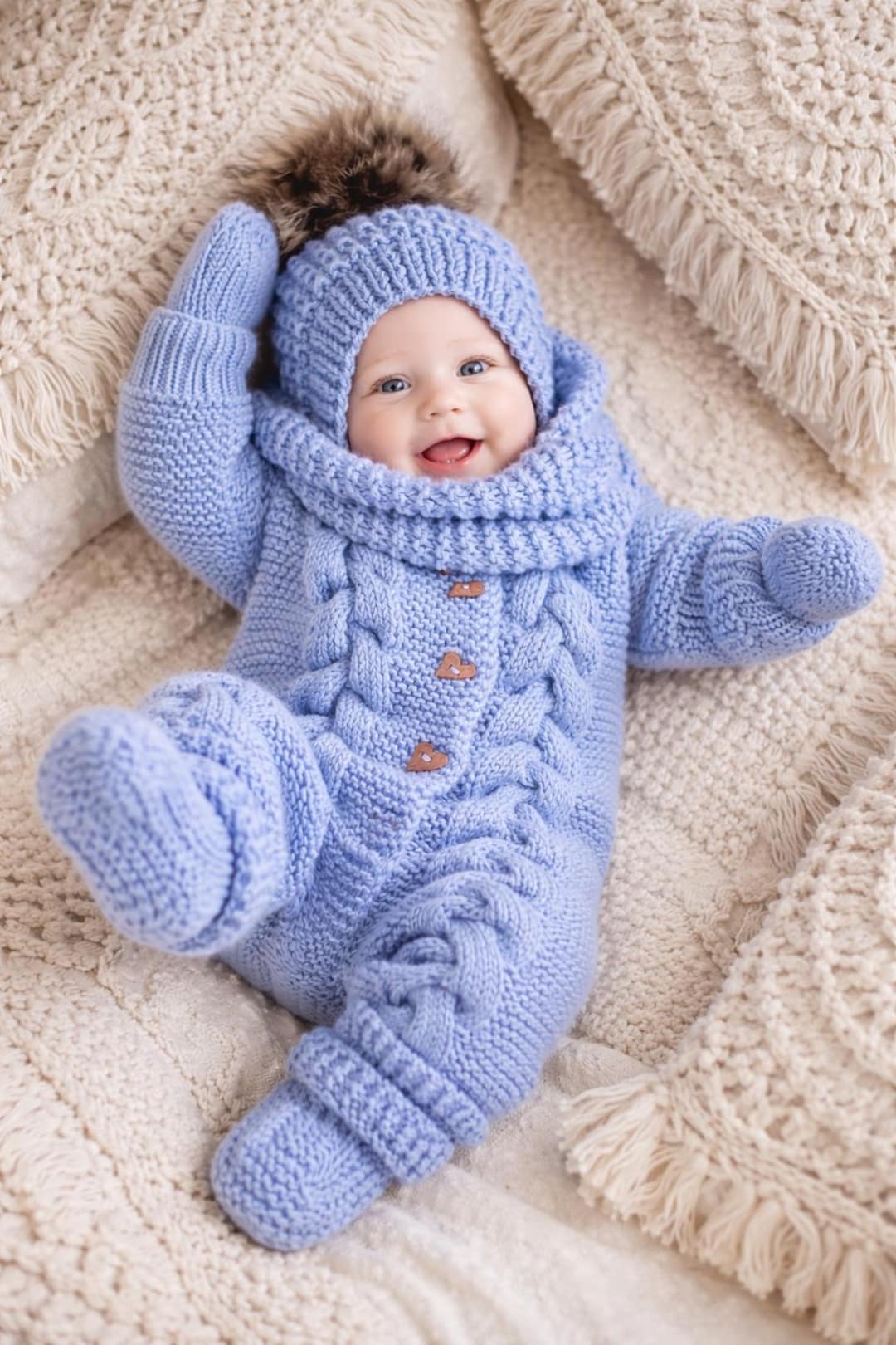 Baby Winter Knitting Pattern Set: Romper, Hat, Booties, Mittens, Snood ...