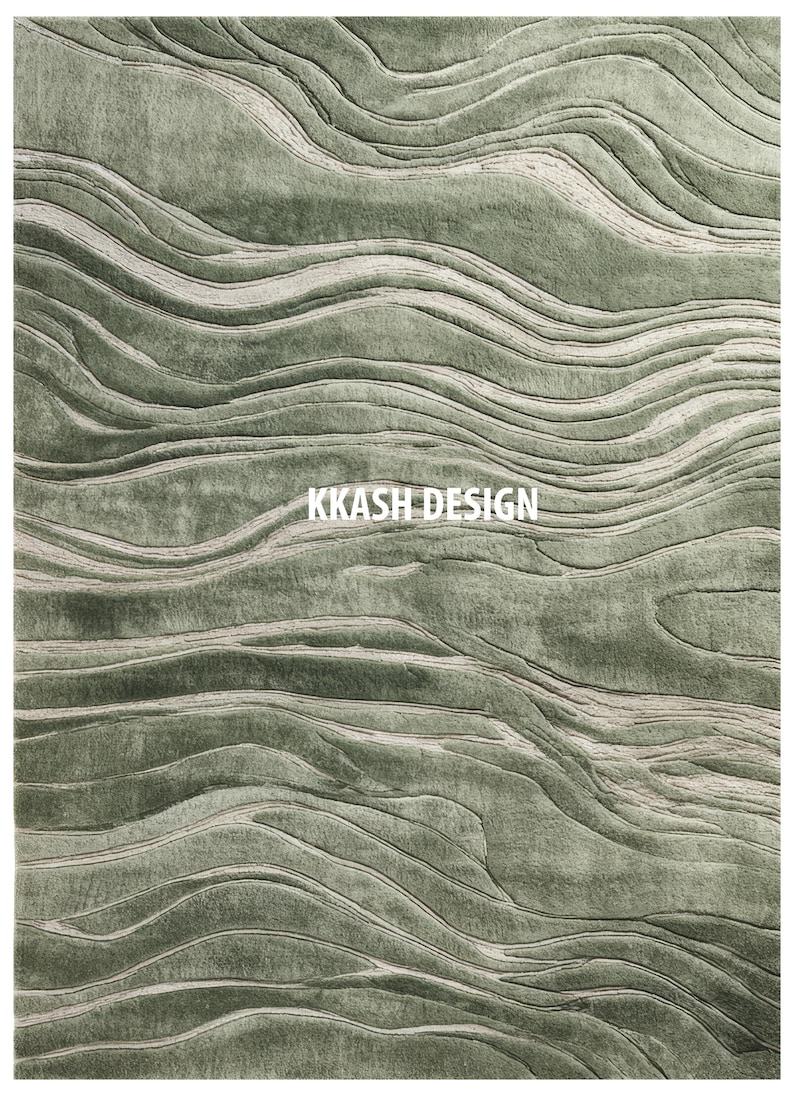 Handmade Green Abstract Rug, Modern Wavy Pattern, Soft Plush Area Rug ...