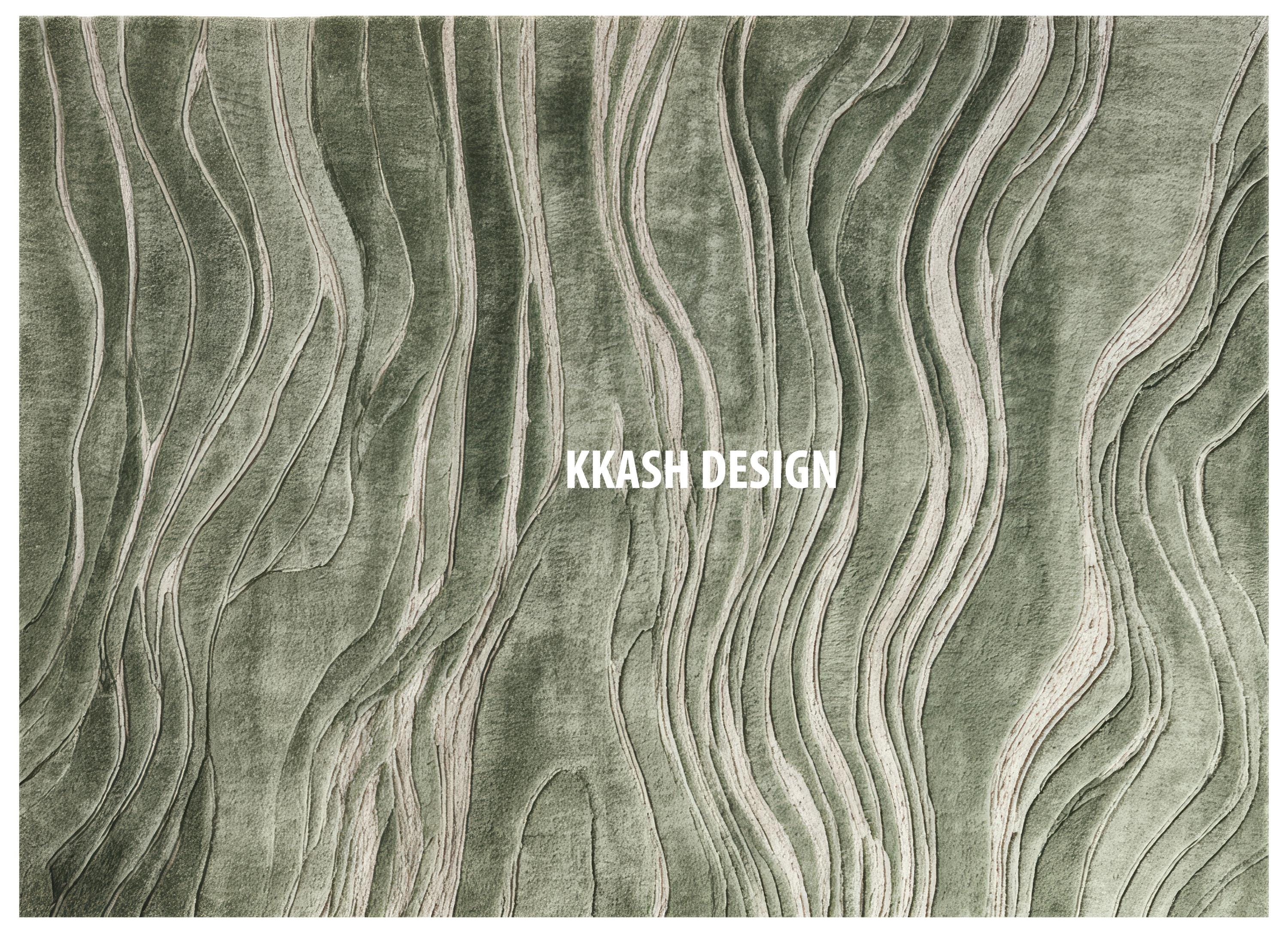 Handmade Green Abstract Rug, Modern Wavy Pattern, Soft Plush Area Rug ...