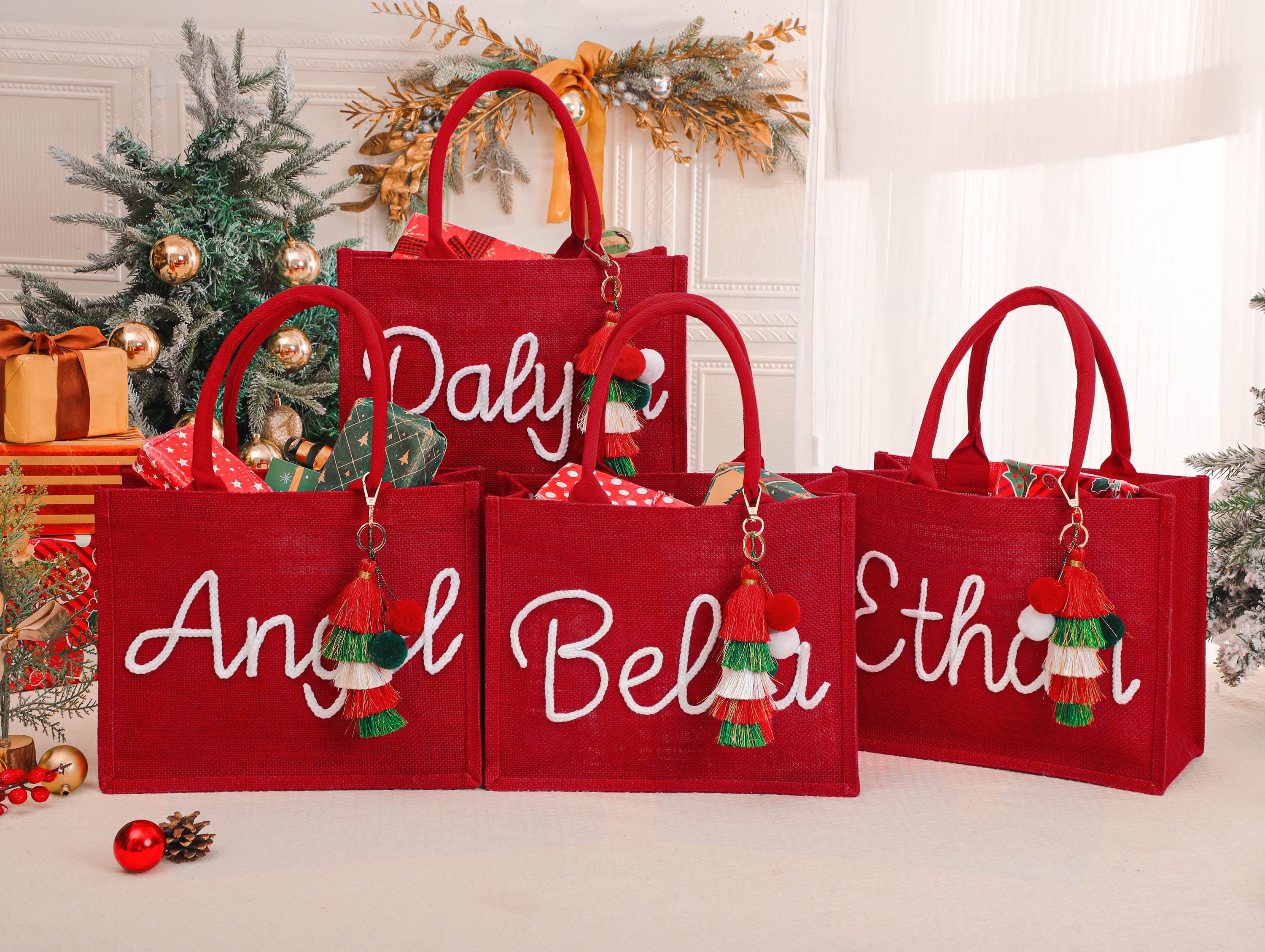Custom Gift Bag & Charm, Personalized Burlap Christmas Gift Bags ...