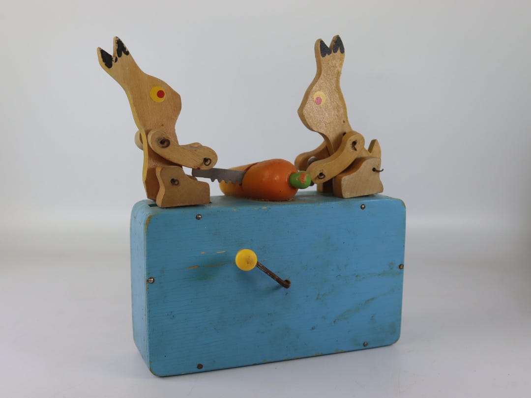 Vintage Wooden Mechanical Toy — Musical Crank Box With Rabbits Cutting ...