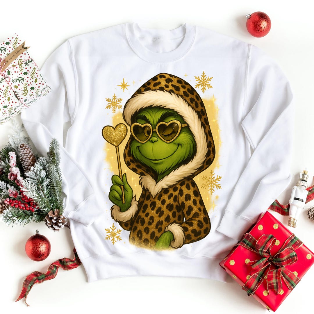 Leopard Grinch Christmas PNG, Preppy Glitter Watercolor (digital ...