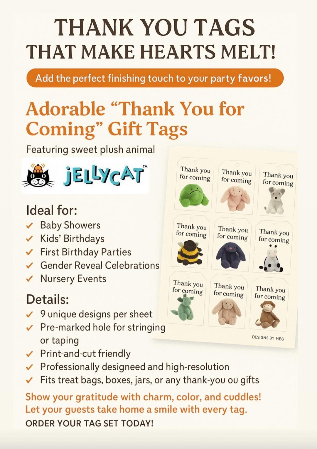 Jellycat Jelly Cat Thank You Labels Birthday Baby Shower Children Tags ...