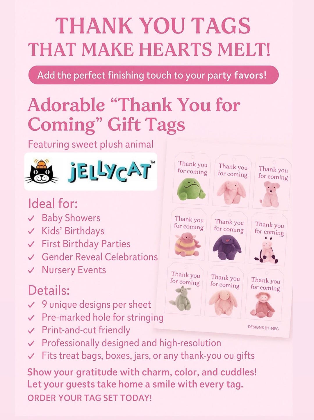 Jellycat Jelly Cat Thank You Labels Birthday Baby Shower Children Tags ...