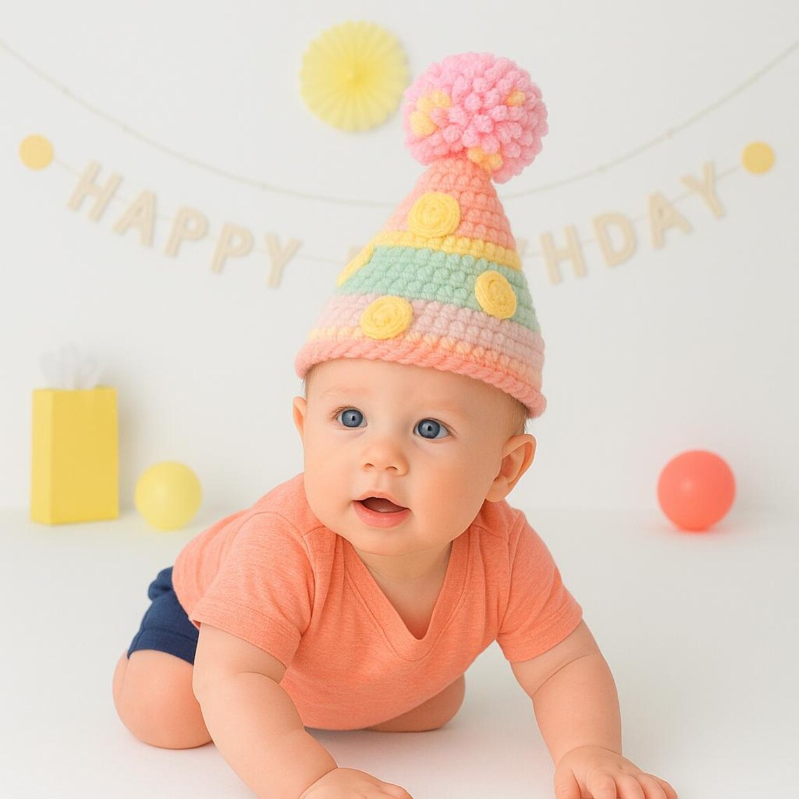 Crochet Party Hat Pattern PDF, Baby Birthday Cone Hat, Rainbow Polka ...