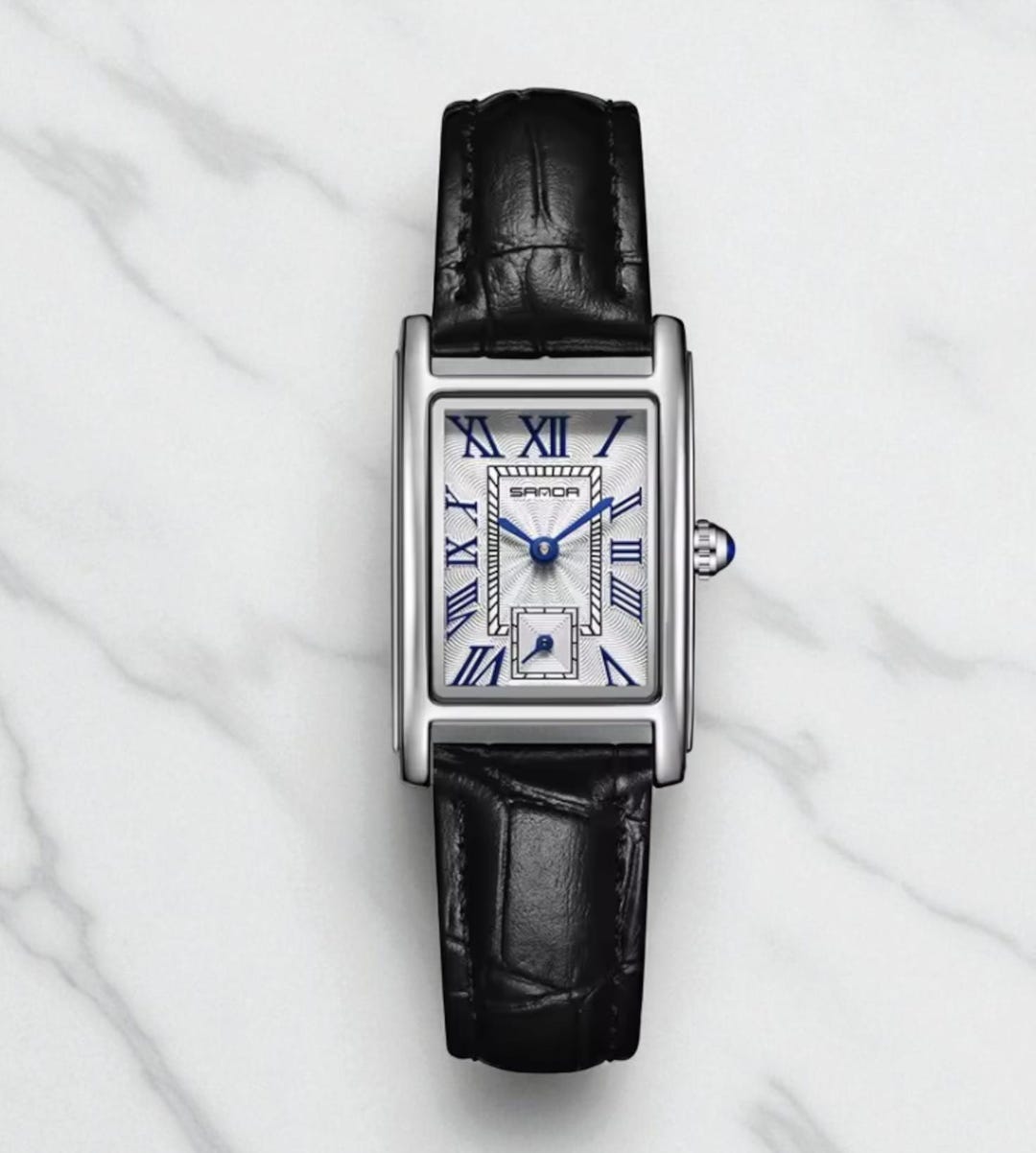 Rectangular Dress Watch: Silver Case, Roman Numeral Dial, Black Leather ...