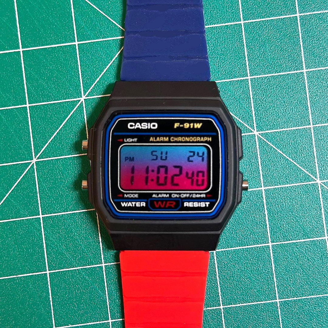 Modded Casio F91W Watch – Blue & Red Lens, Silicone Band - Etsy