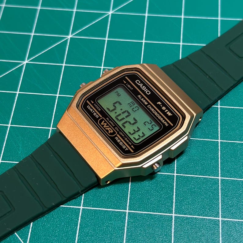 Modded Casio F91W: Green & Gold Digital Watch With Silicone Band - Etsy