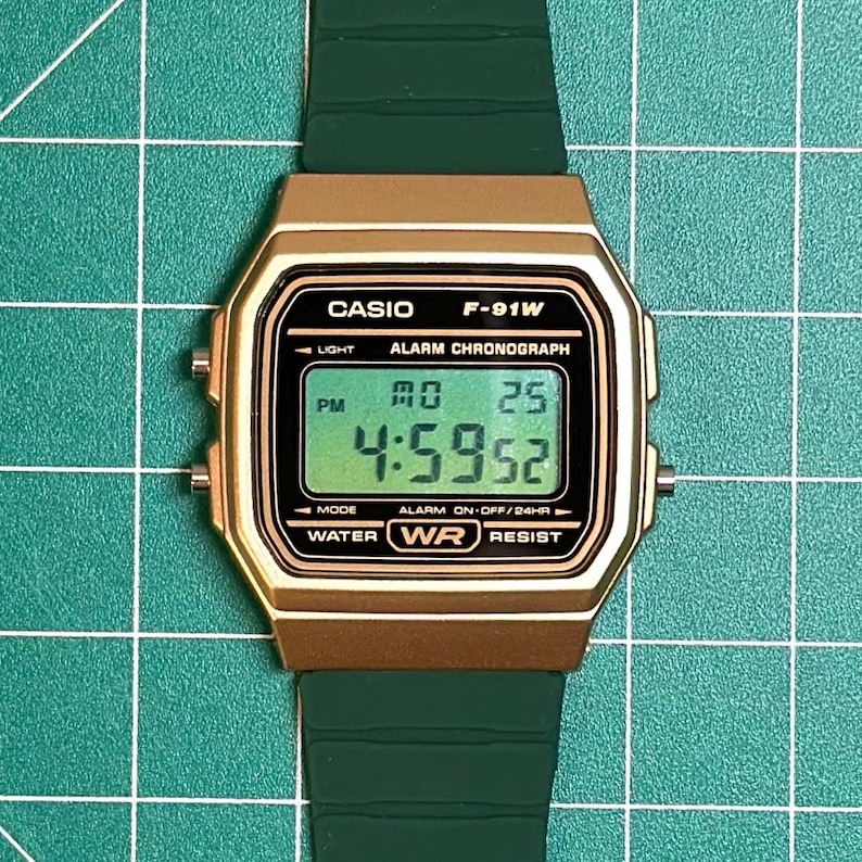 Modded Casio F91W: Green & Gold Digital Watch With Silicone Band - Etsy