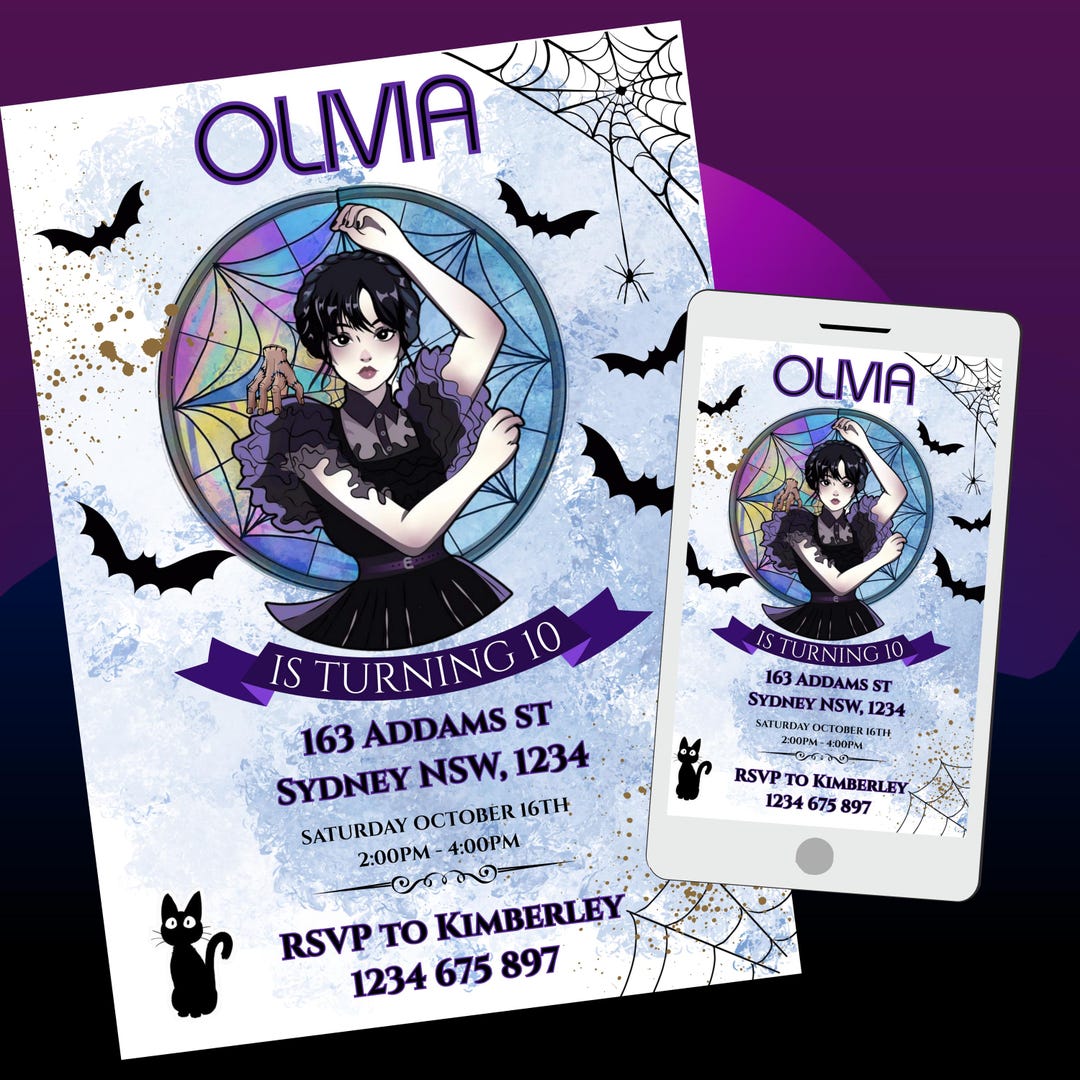 Wednesday Addams Birthday Invitation: Spooky Halloween Party, Editable ...