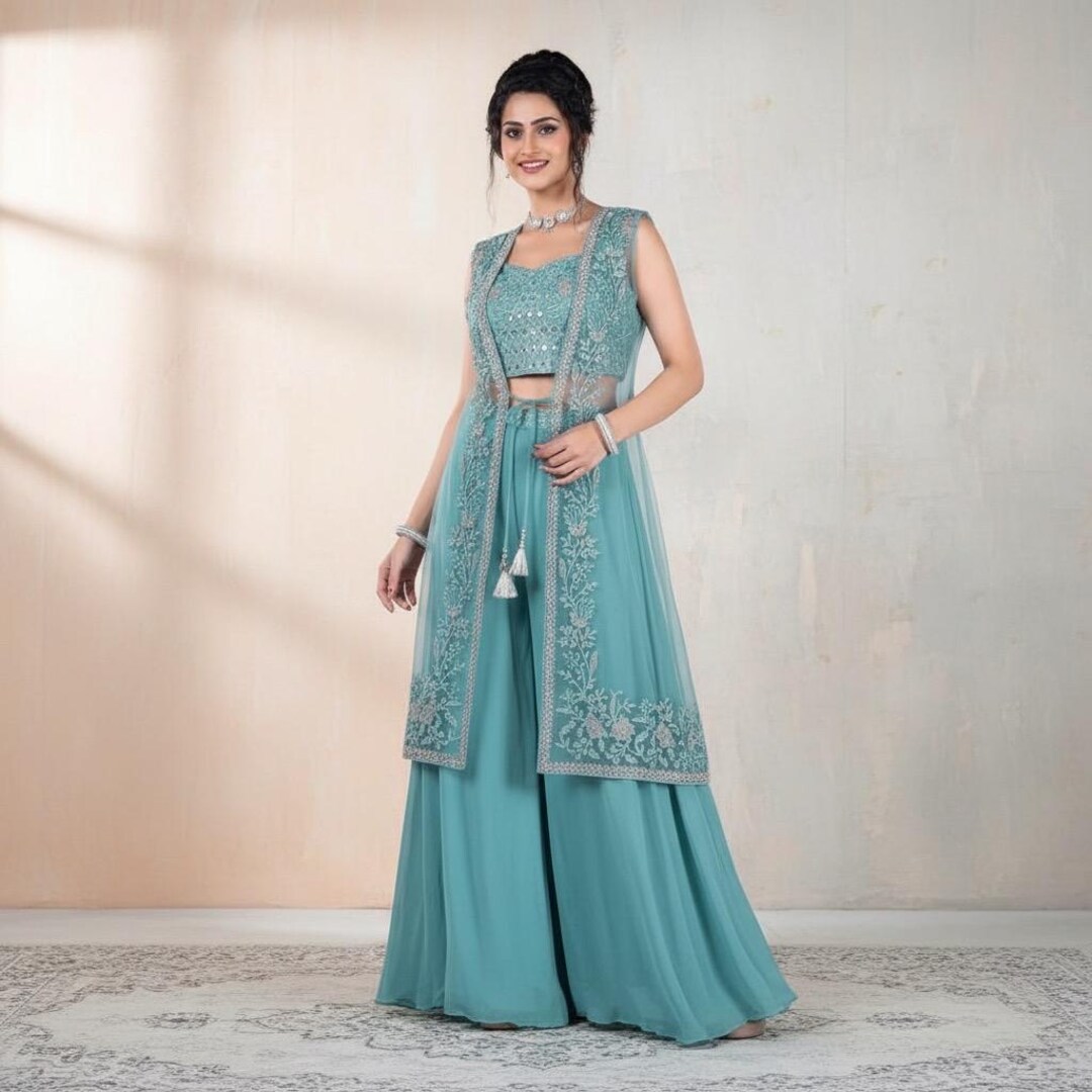 Three-piece Embroidered Palazzo and Jacket Set – Perfect for Weddings ...