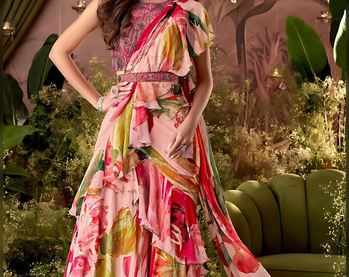 Pre Stitched Plazo Saree With Detachable Belt Ready to Wear Size 42 ...