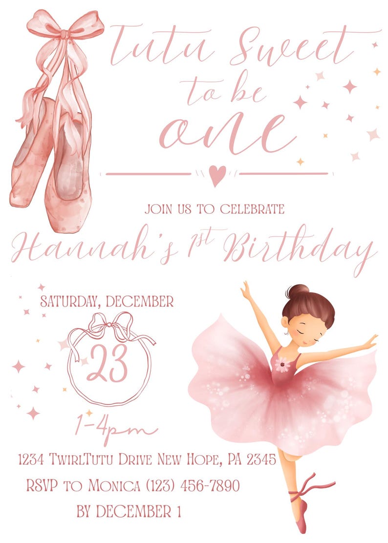 Ballerina First Birthday Invitation: Tutu Sweet, Pink Theme (digital ...