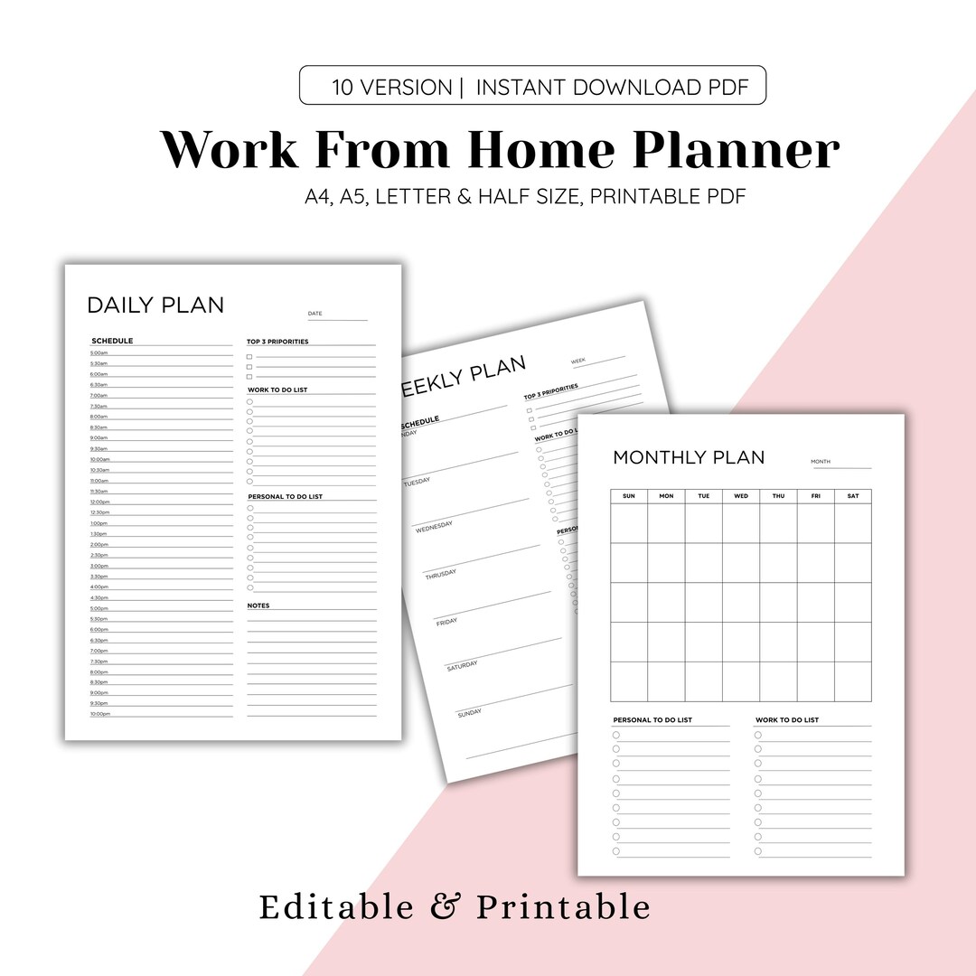 Work From Home Planner, Daily Planner, Weekly Planner, Monthly Planner ...
