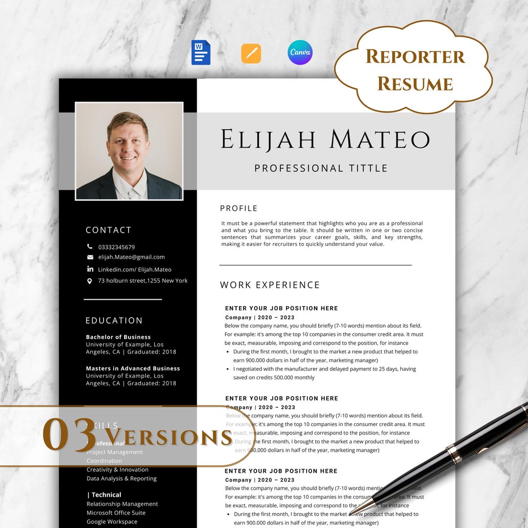Reporter Resume | Photo Cv Template | ATS Resume Template | Creative ...
