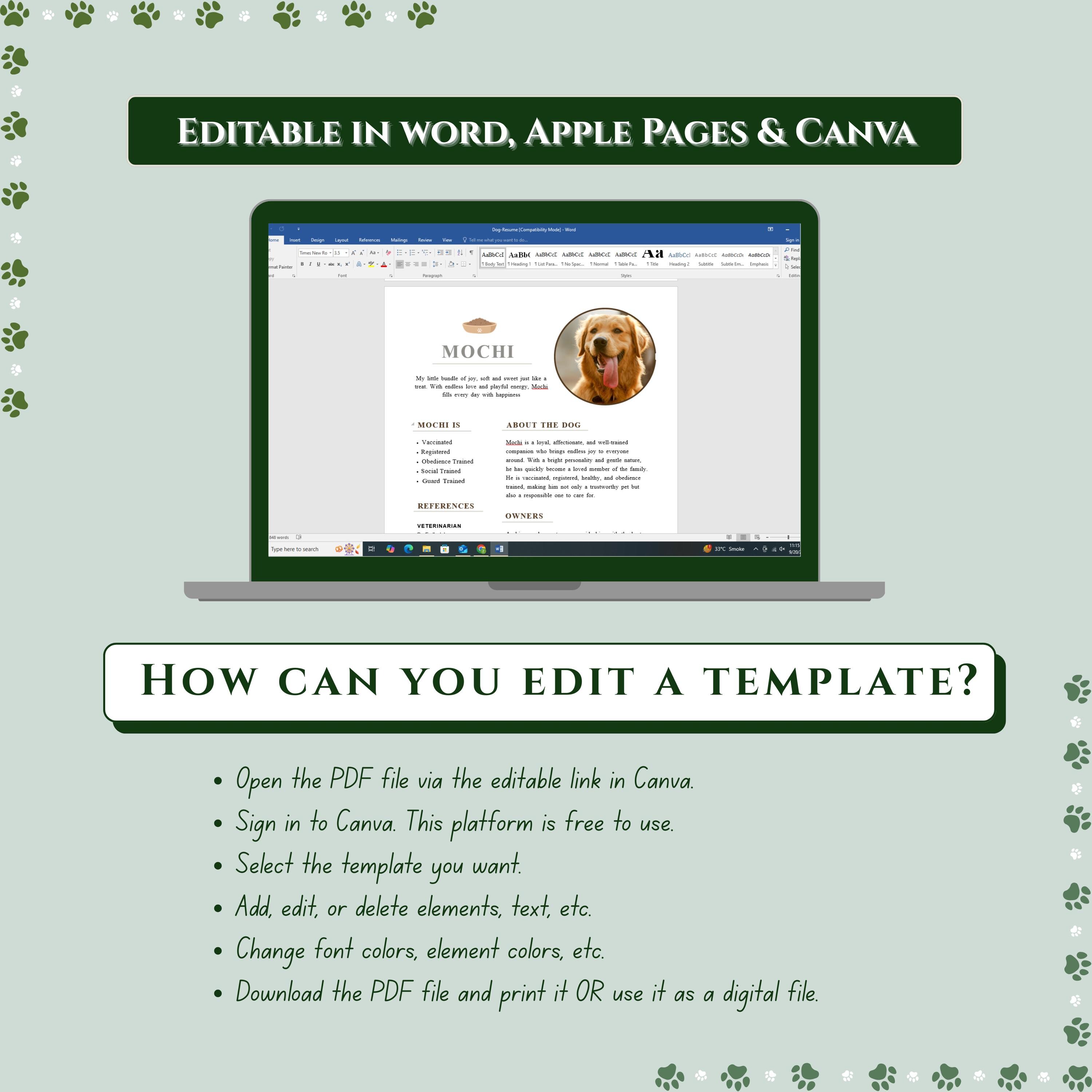 Funny Dog Resume Template | Printable Pet Job Application (digital ...