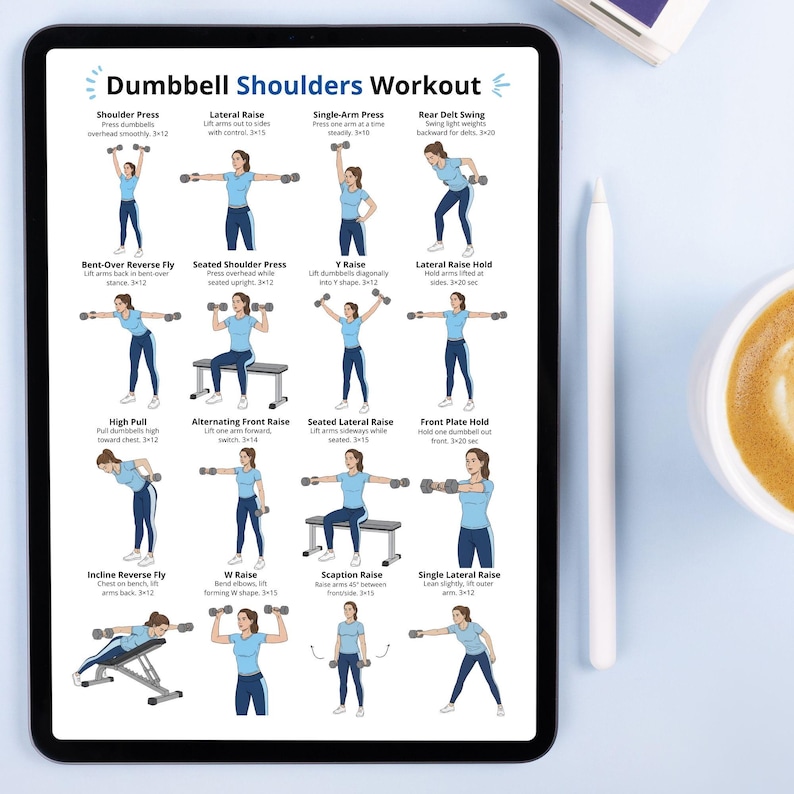 Dumbbell Shoulders Workout Poster, Shoulder Exercise Chart, Dumbbell ...