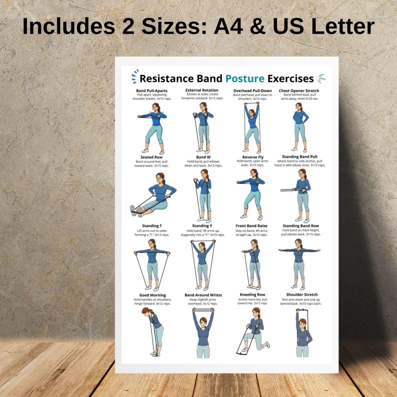 Resistance Band Posture Exercises Poster, Back & Shoulder Stretch Chart ...