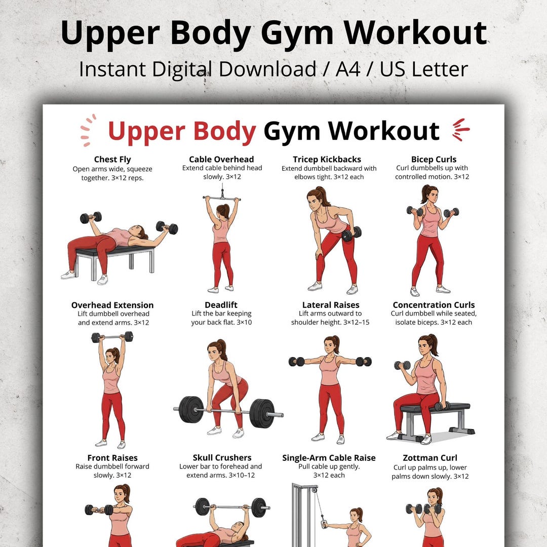 Upper Body Gym Workout Poster, Arms Chest Shoulders Back Exercise Chart ...