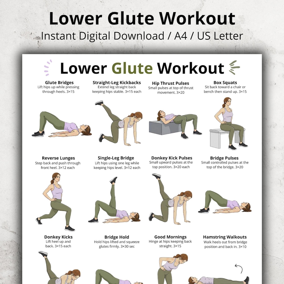 Lower Glute Workout Poster, Glutes and Hips Exercises for Women, Lower ...