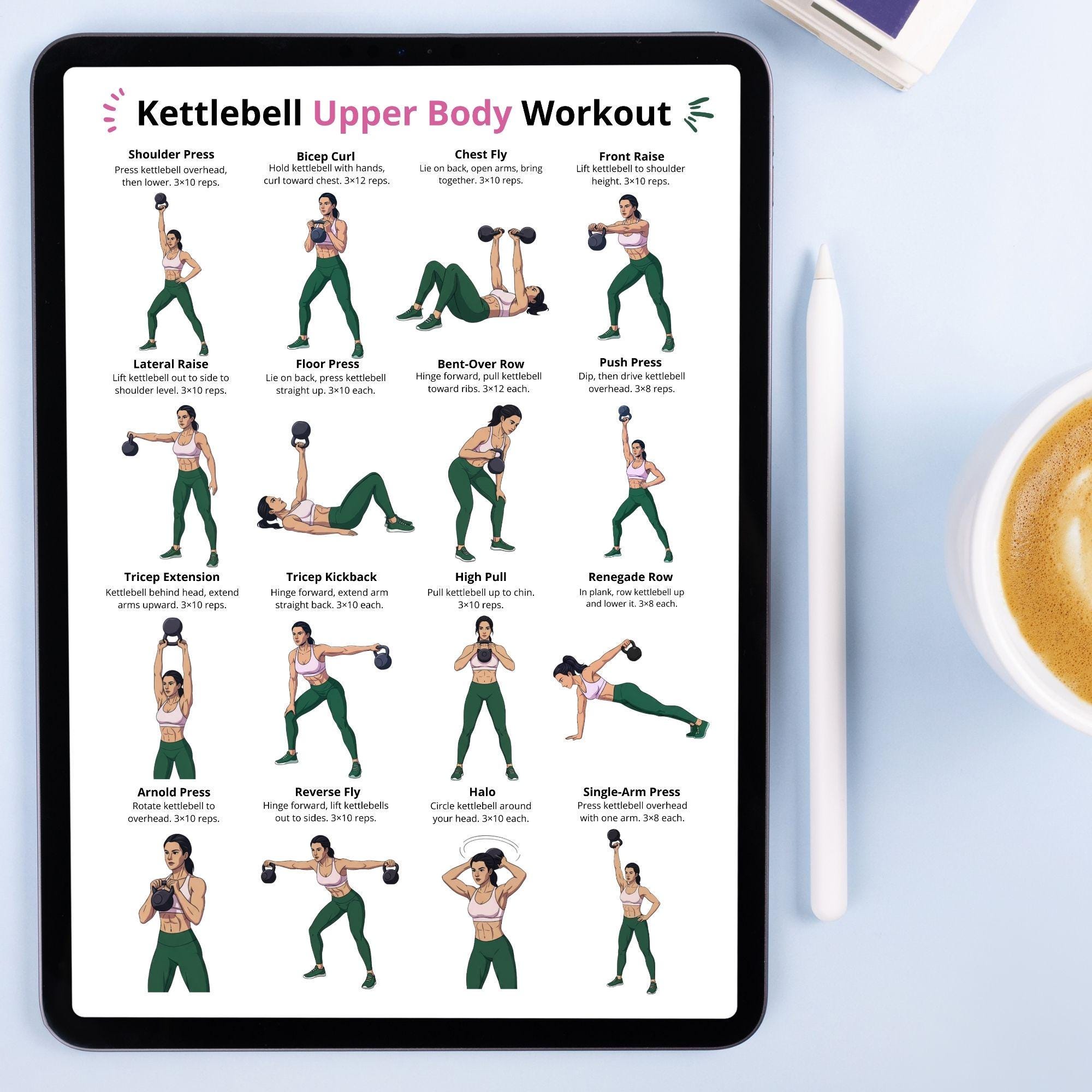 Kettlebell Upper Body Workout Chart, Printable Arm and Shoulder ...