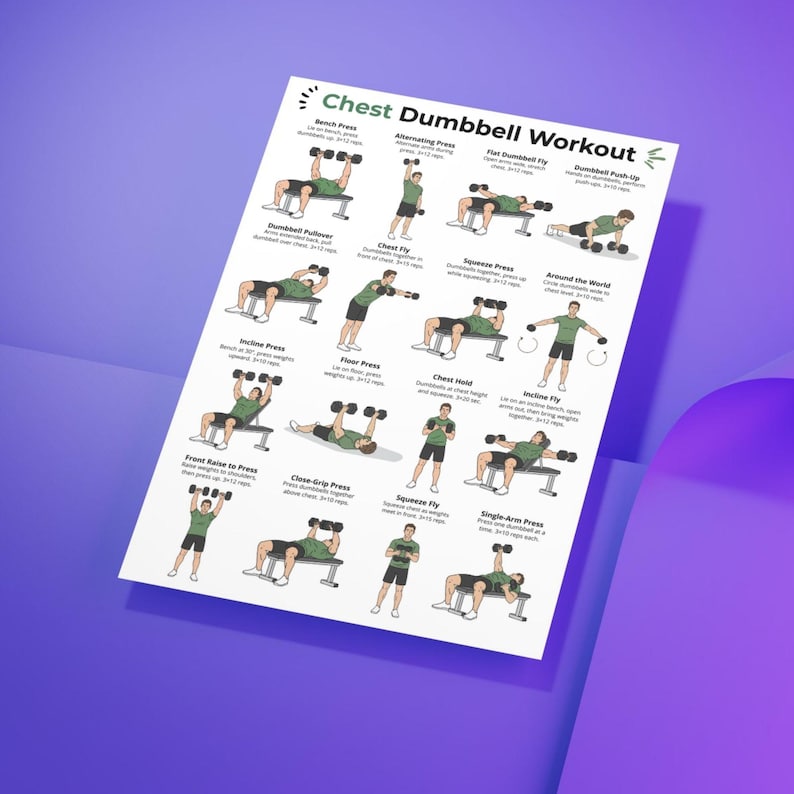 Chest Dumbbell Workout Poster, Upper Body Exercise Chart for Home Gym ...