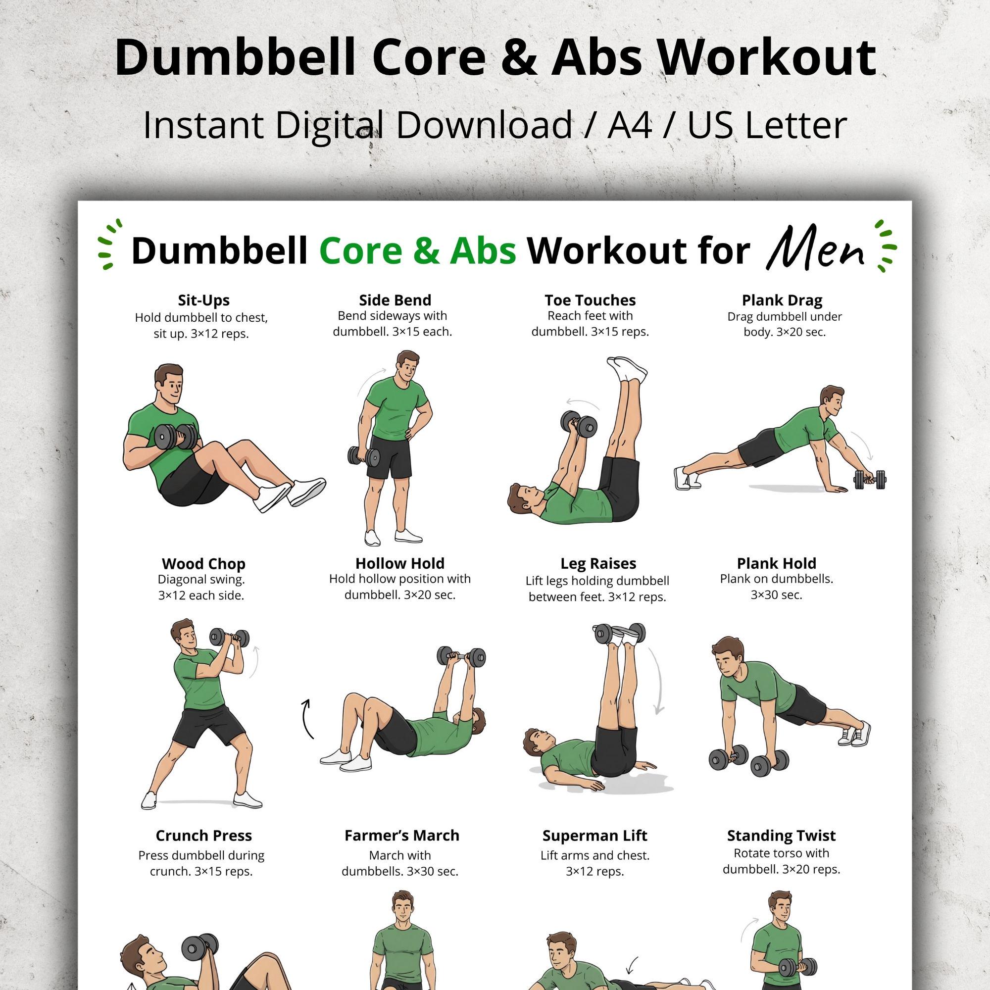 Dumbbell Core & Abs Workout for Men Poster, Dumbbell Ab Exercises Chart ...