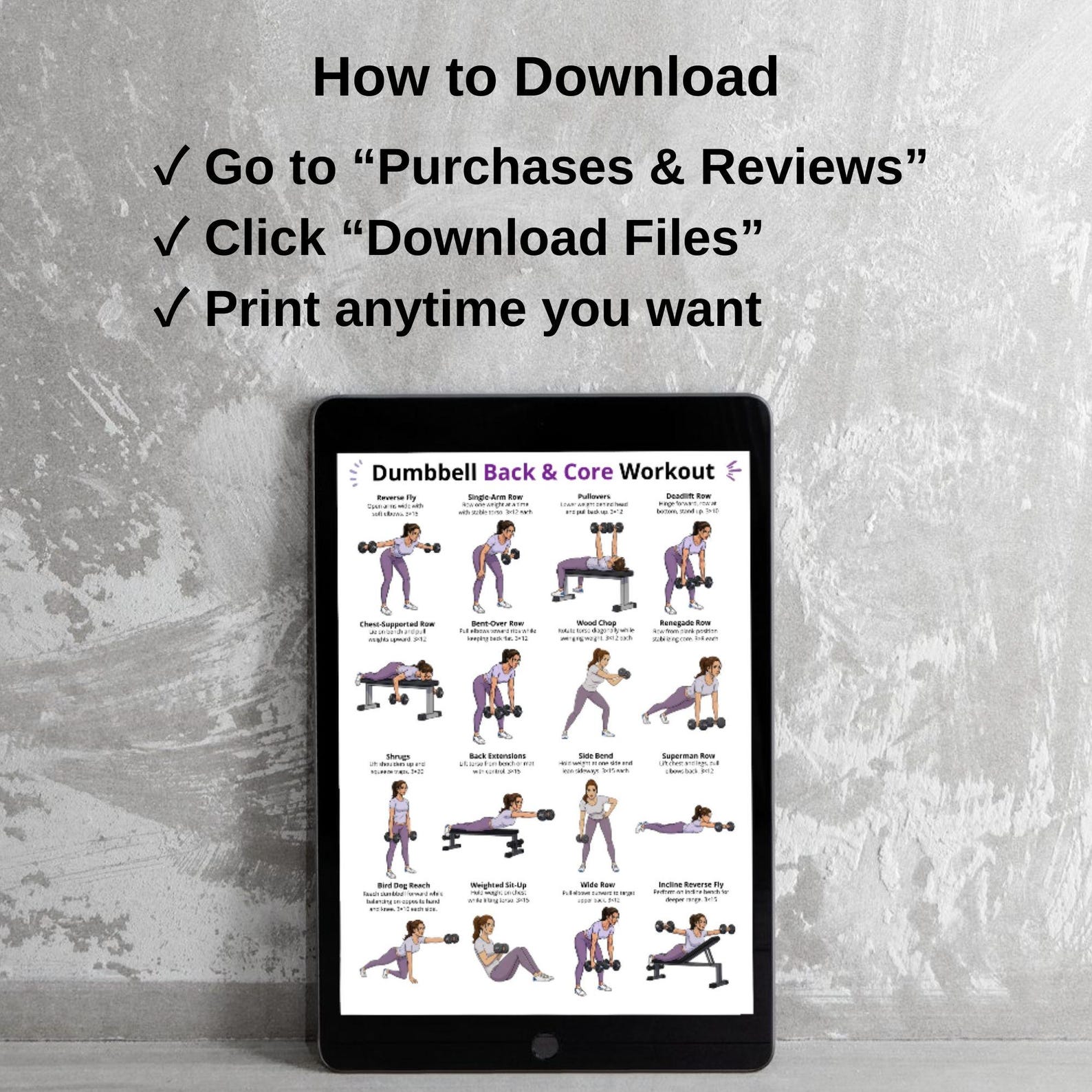 Dumbbell Back & Core Workout Poster, Back Exercise Chart, Core ...