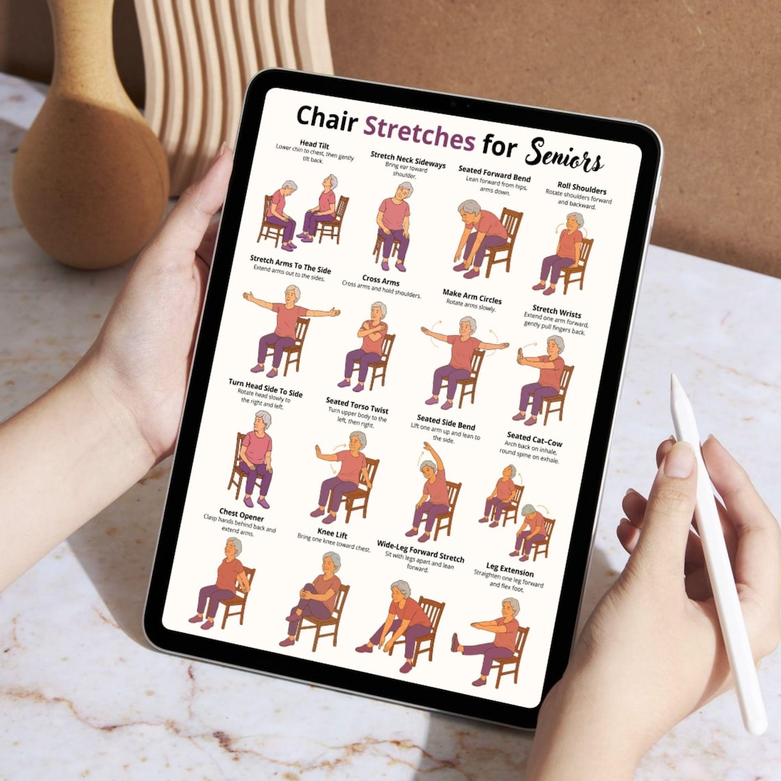 Chair Stretches for Seniors, Printable Seated Stretch Chart, Gentle ...