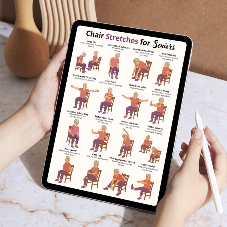 Chair Stretches for Seniors, Printable Seated Stretch Chart, Gentle ...