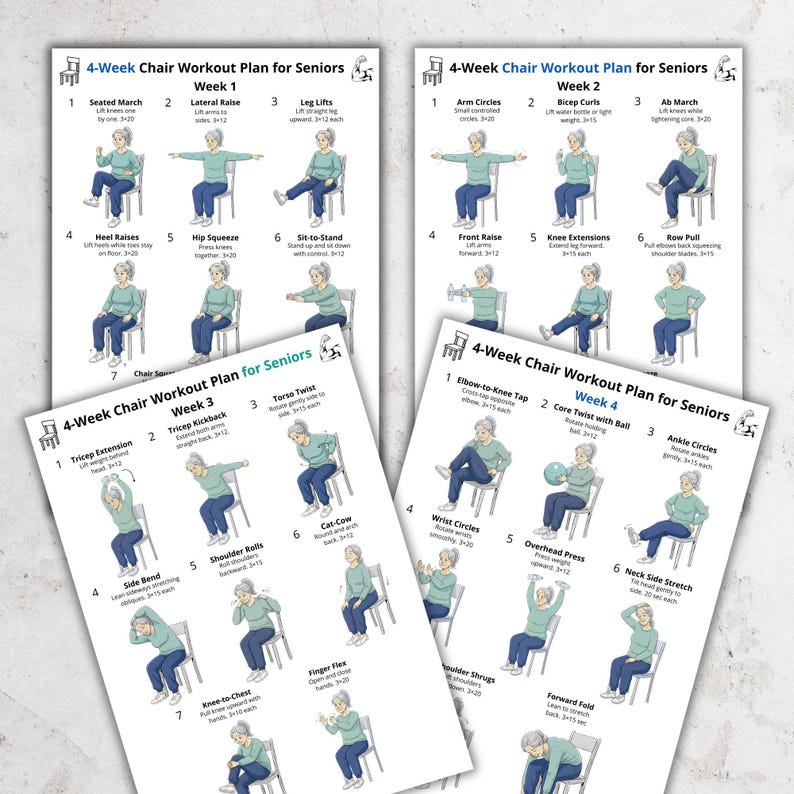 Chair Workout for Seniors, 4 Week Chair Exercise Chart Printable ...