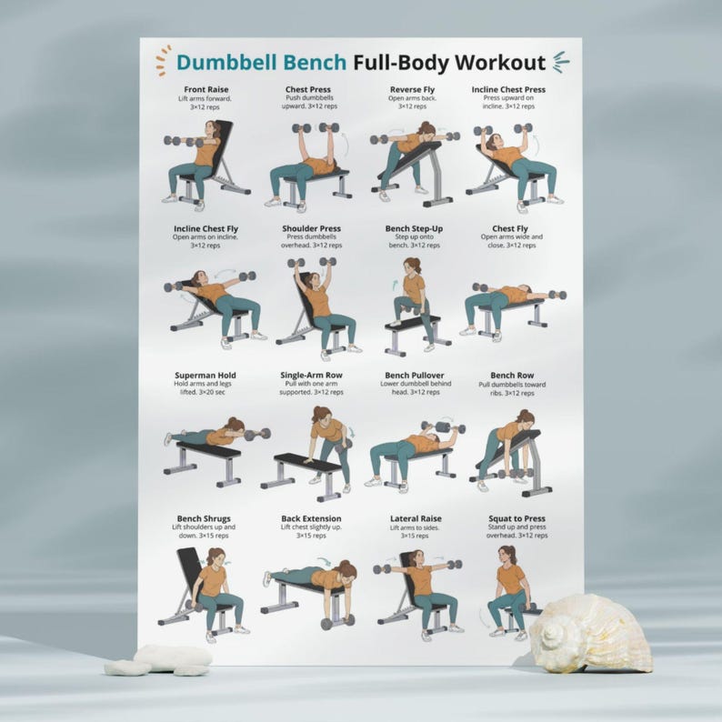 Dumbbell Bench Full Body Workout Printable, Upper Body Exercise Poster ...