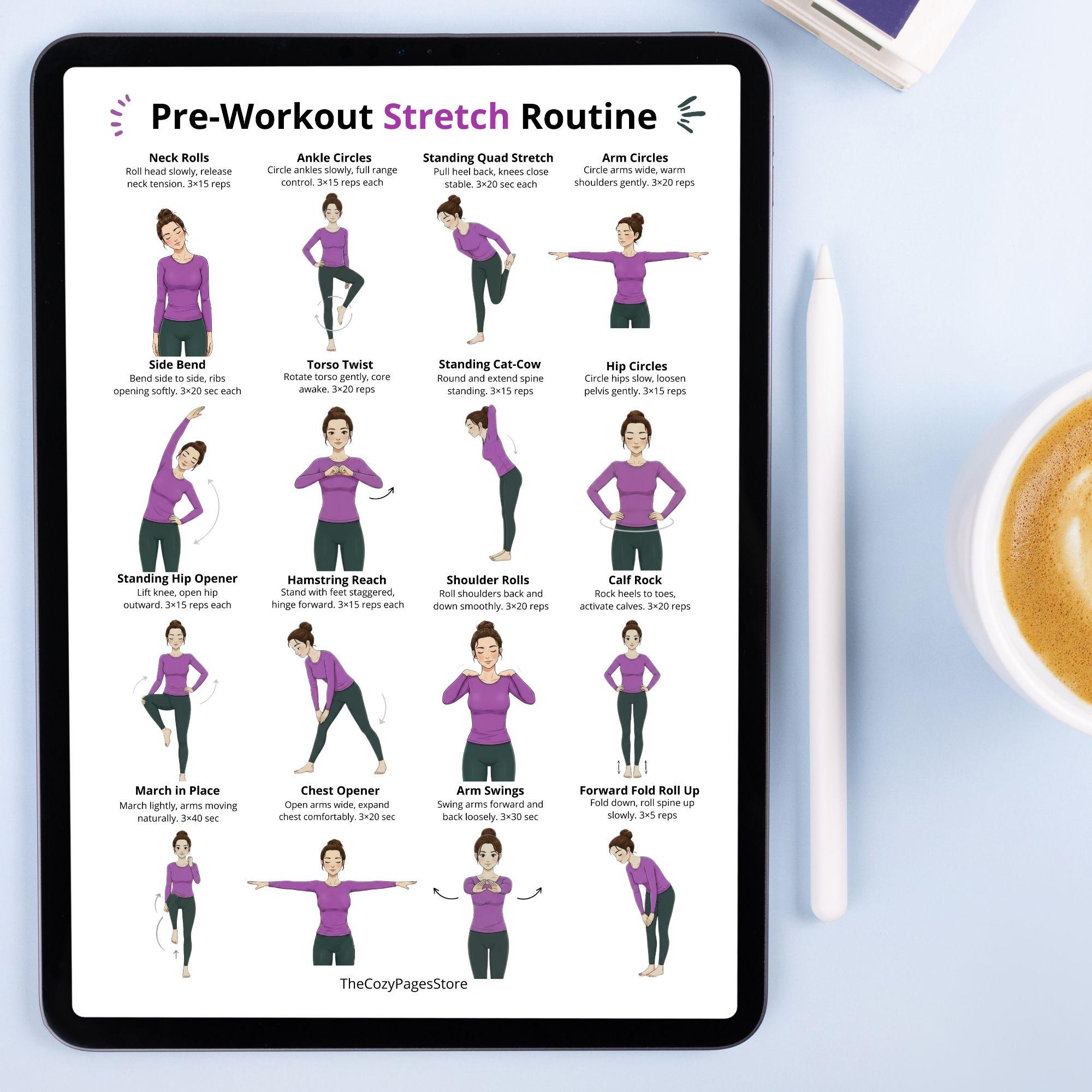 Pre Workout Stretch Routine Poster PDF, Dynamic Warm up Stretch ...