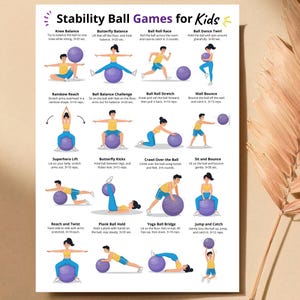Stability Ball Games for Kids Poster, Exercise Ball Activities Chart ...