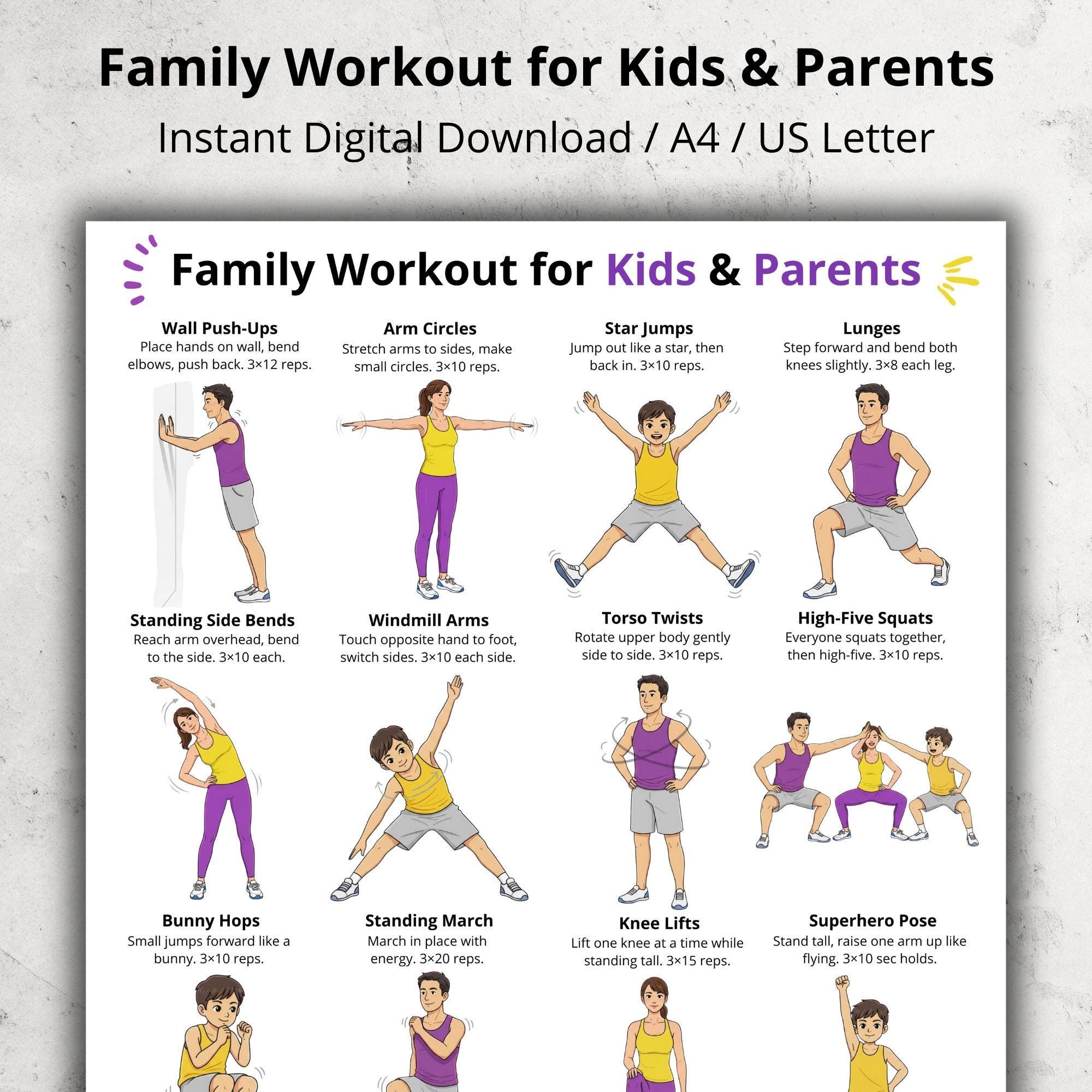 Family Workout for Kids & Parents Printable, Fun Home Exercises Chart ...