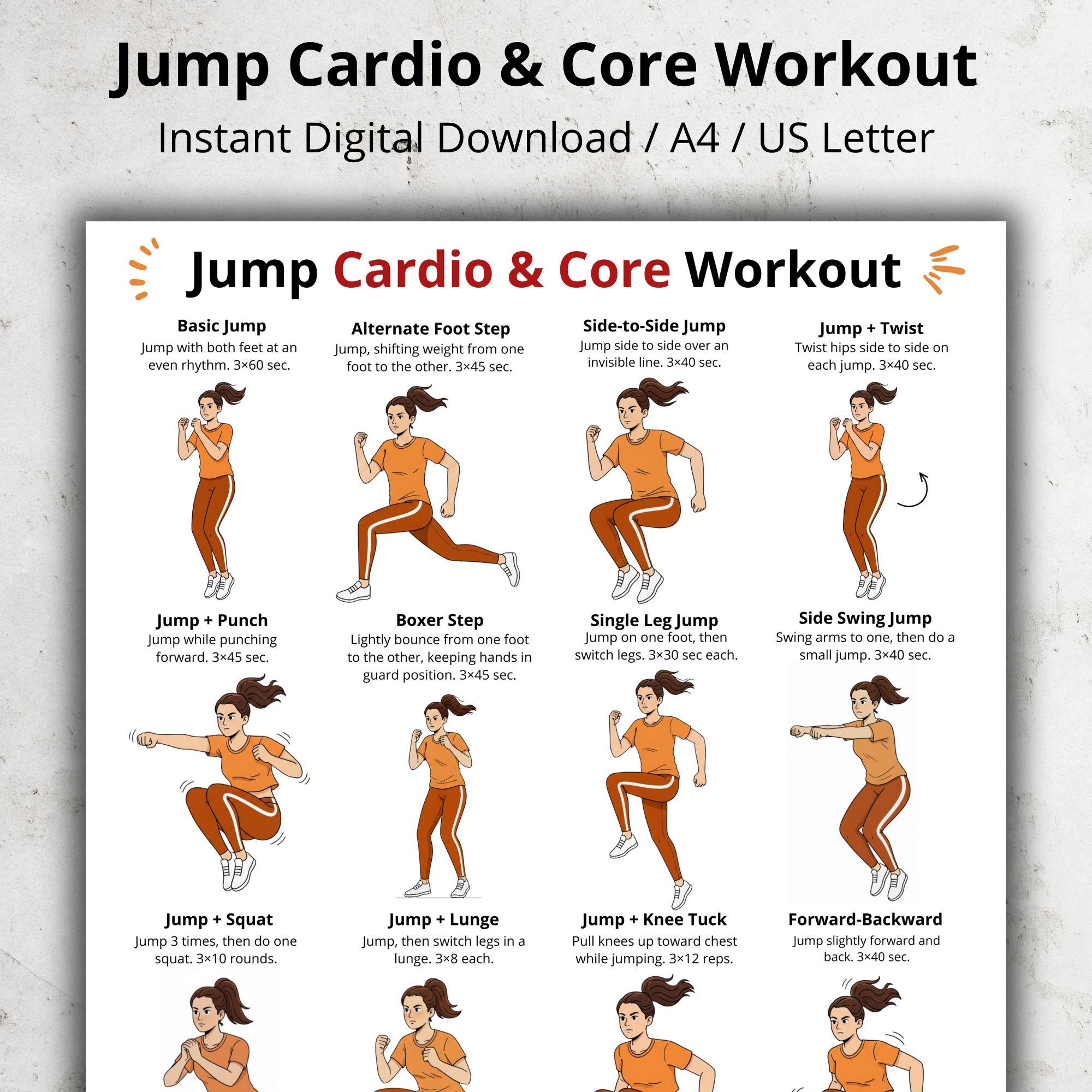Jump Cardio and Core Workout Chart, Printable Jump Exercises Poster ...
